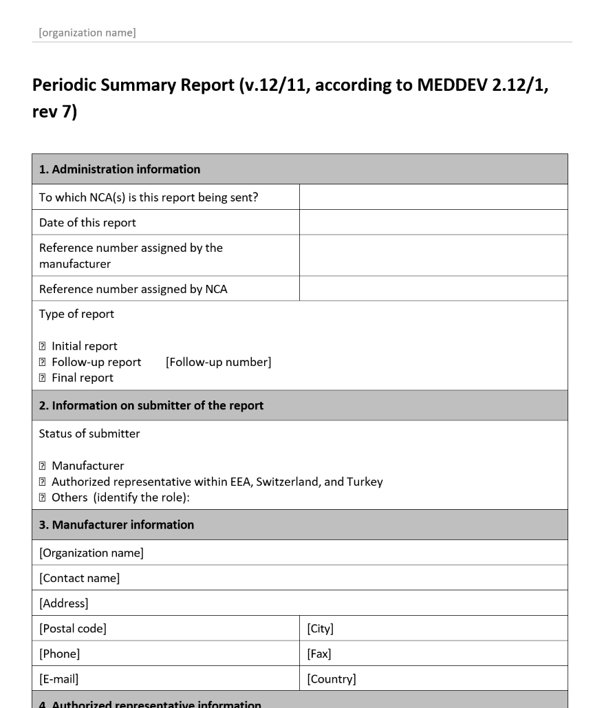 Manufacturer's Periodic Summary Report (PSR) - Free Template