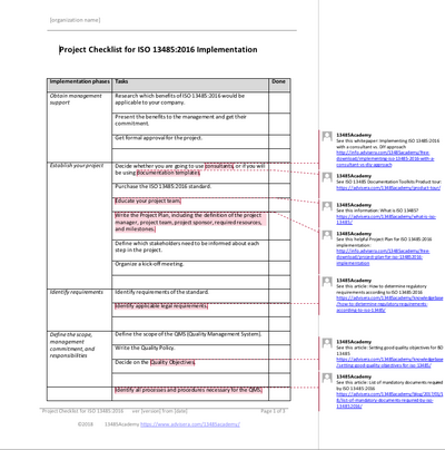 Project Checklist for ISO 13485:2016 Implementation