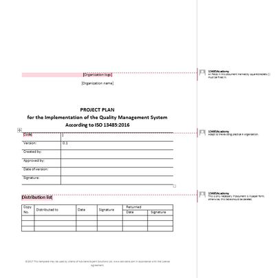 Project Plan for ISO 13485:2016 Implementation (MS Word)