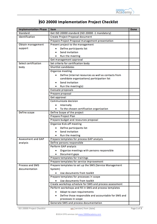 Project Checklist for ISO 20000 Implementation