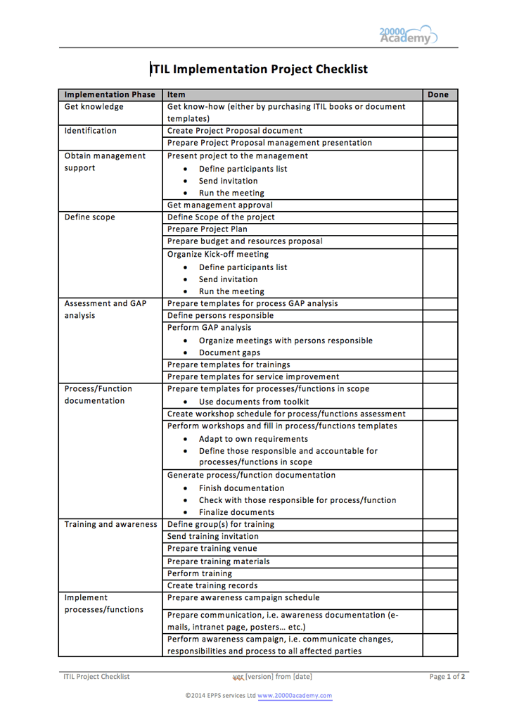 Project Checklist for ITIL Implementation