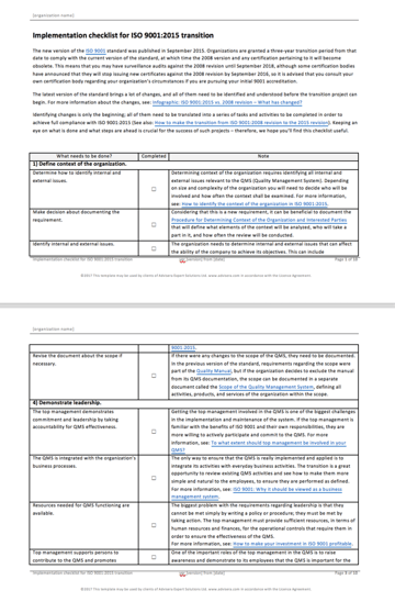 ISO 9001:2015 Transition Checklist ISO 9001:2015 Transition Checklist