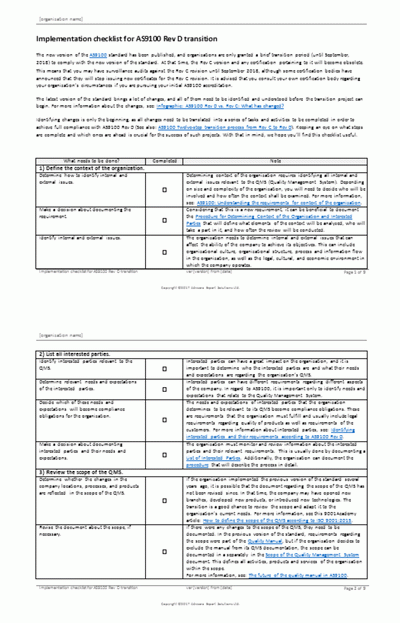 AS9100 Rev D Transition Checklist