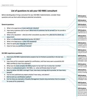 List of Questions to Ask Your ISO 9001 Consultant